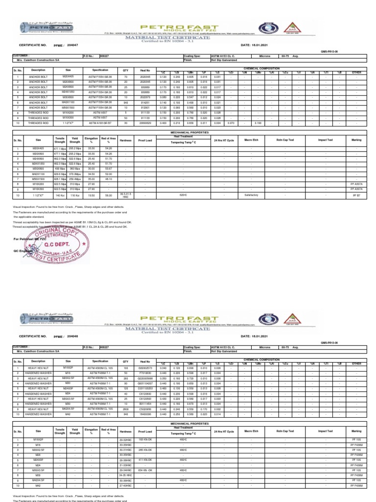 Petrofast MTC 3.1 PO-400227 Anchor Bolts - Option B | PDF | Technology & Engineering