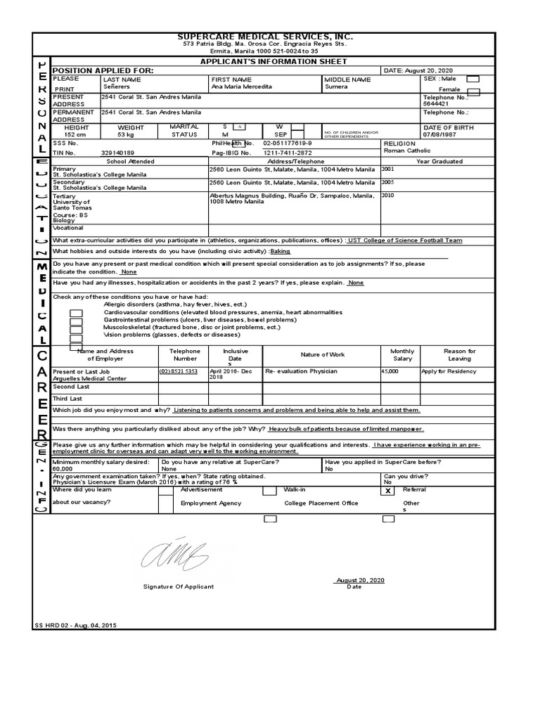 Applicant's Information Sheet | PDF | Manila | Health Care Applicant's Information Sheet | PDF | Manila | Health Care