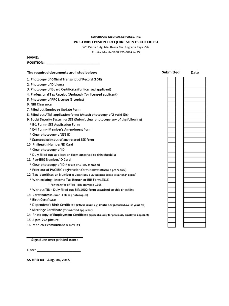 Pre-Employment Document Checklist | PDF