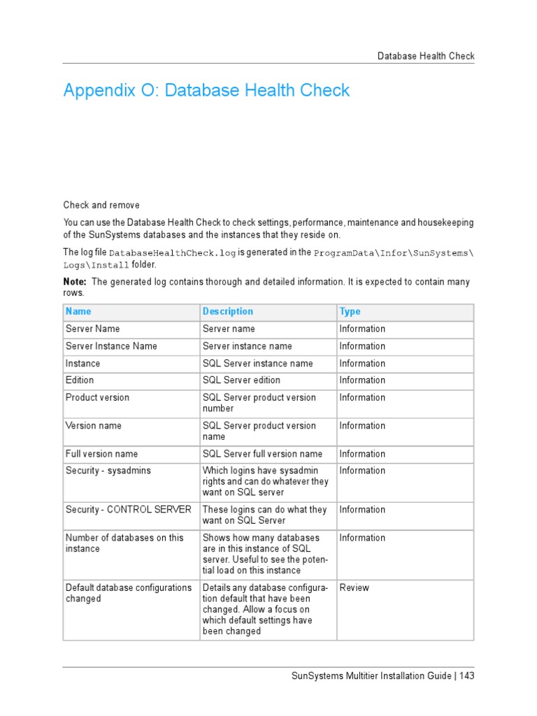 Database Health Check (SunSystems 6.4) | PDF