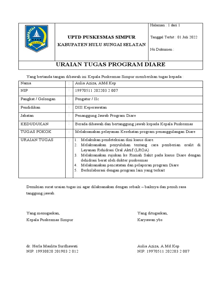 Uraian Tugas Pemegang Program Diare | PDF