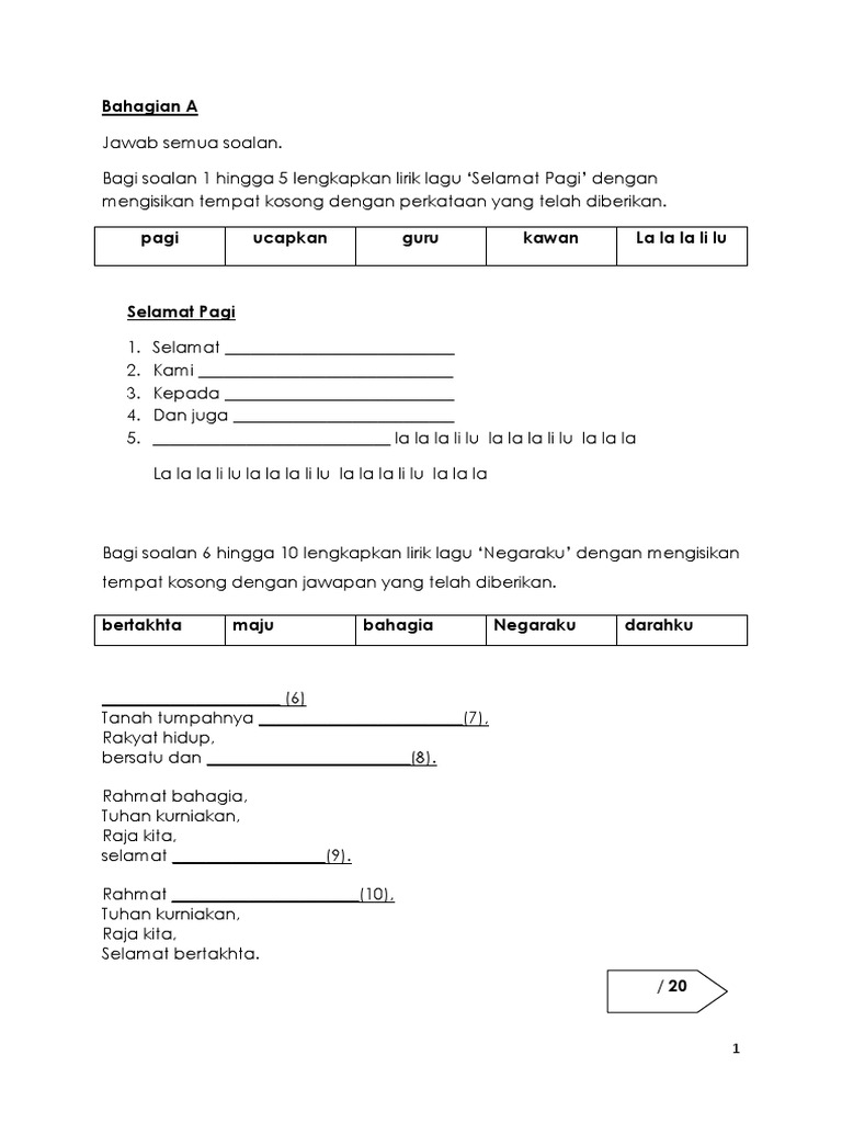 Ujian Akhir Tahun KSSR Tahun 1 Pendidikan Muzik Set2 | PDF