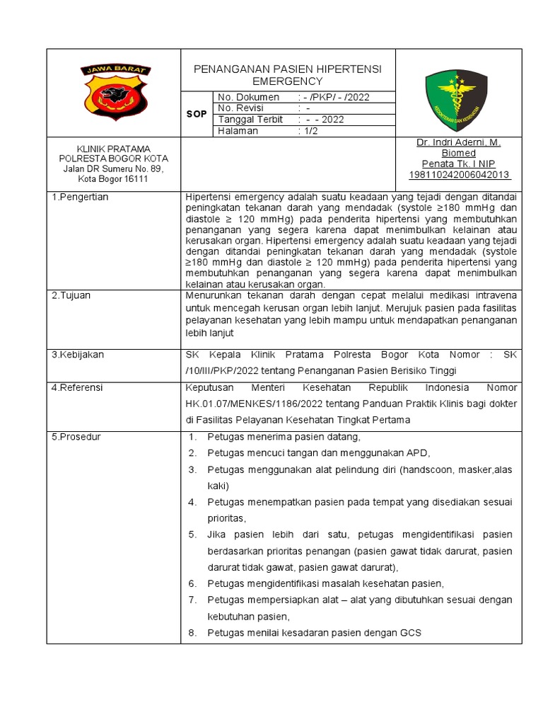 Pkp 7 Elemen 1 Resiko Tinggi_sop Penanganan Pasien Hipertensi Emergency | PDF