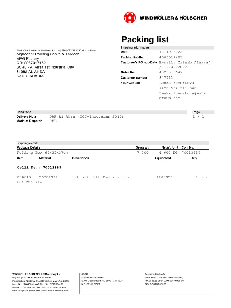 03 - Packing List 4003017485 | PDF