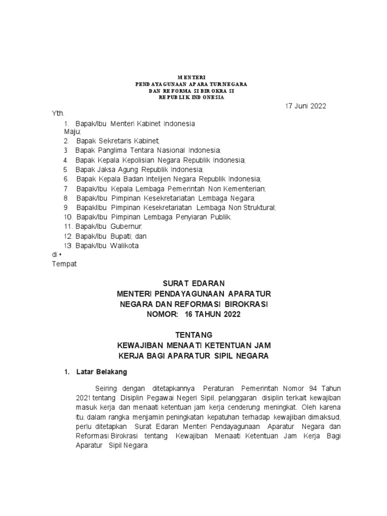 Surat Edaran Menteri PANRB No. 16 Tahun 2022 | PDF