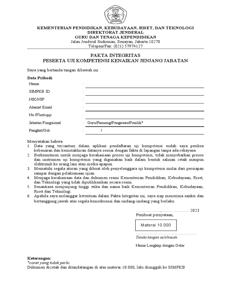 Pakta Integritas Peserta Uji Kompetensi Kenaikan Jenjang Jabatan | PDF
