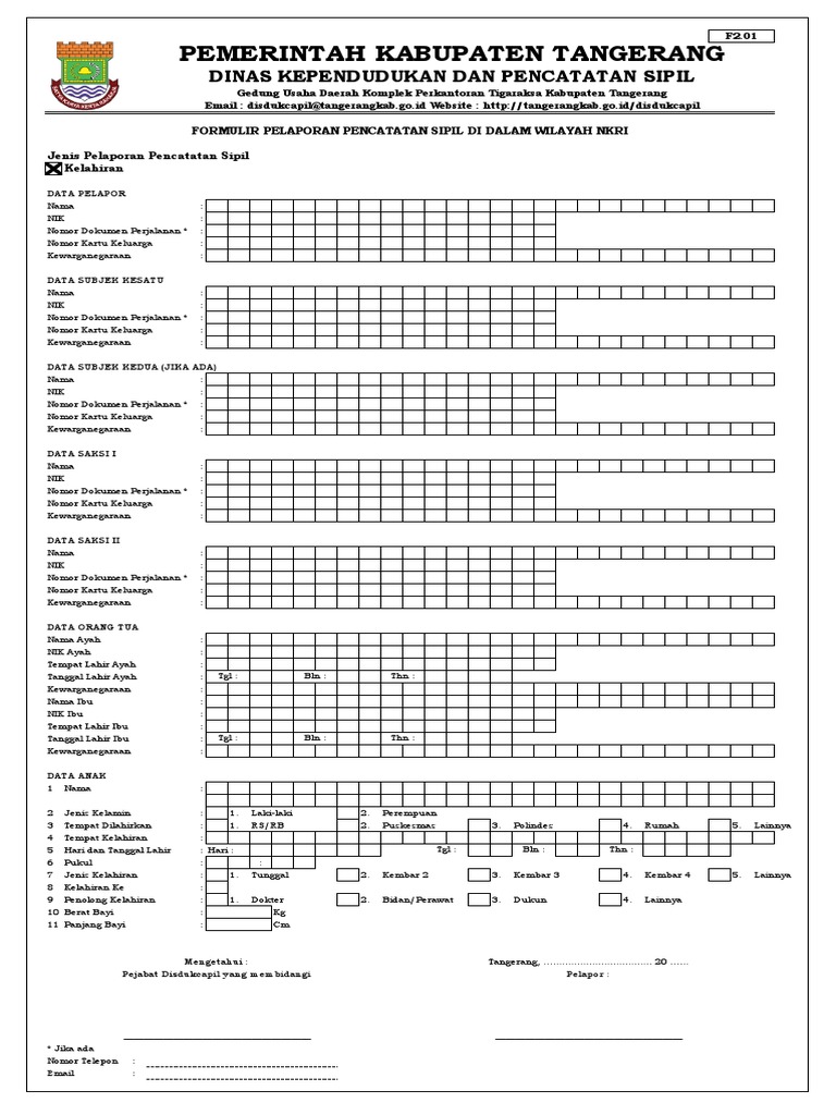 F2-01 Kabupaten Tangerang Permendagri 109 Tahun 2019 Akta Kelahiran | PDF