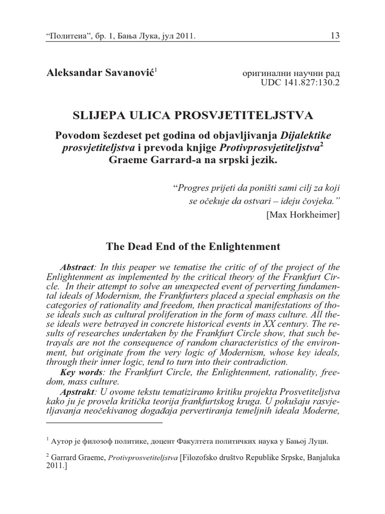 Slepa Ulica Prosvetiteljstva | PDF