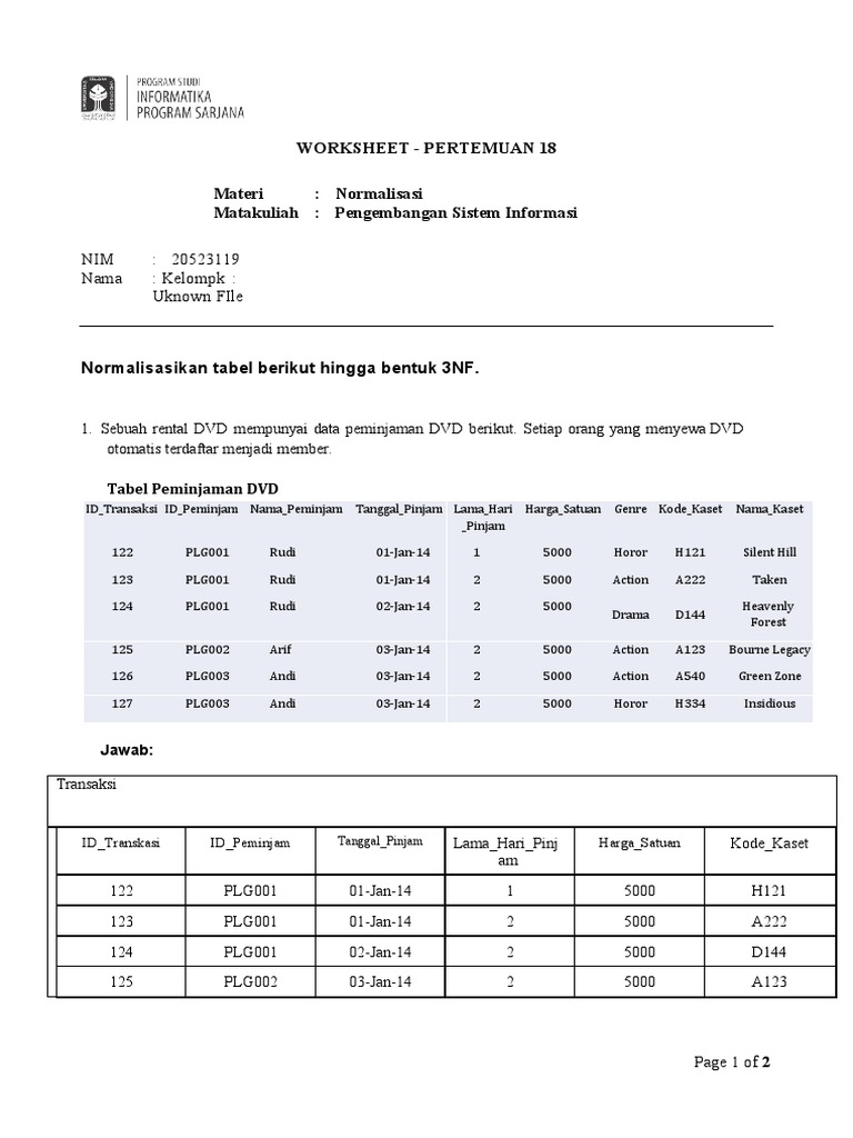 18-Worksheet Normalisasi - Kelas B | PDF