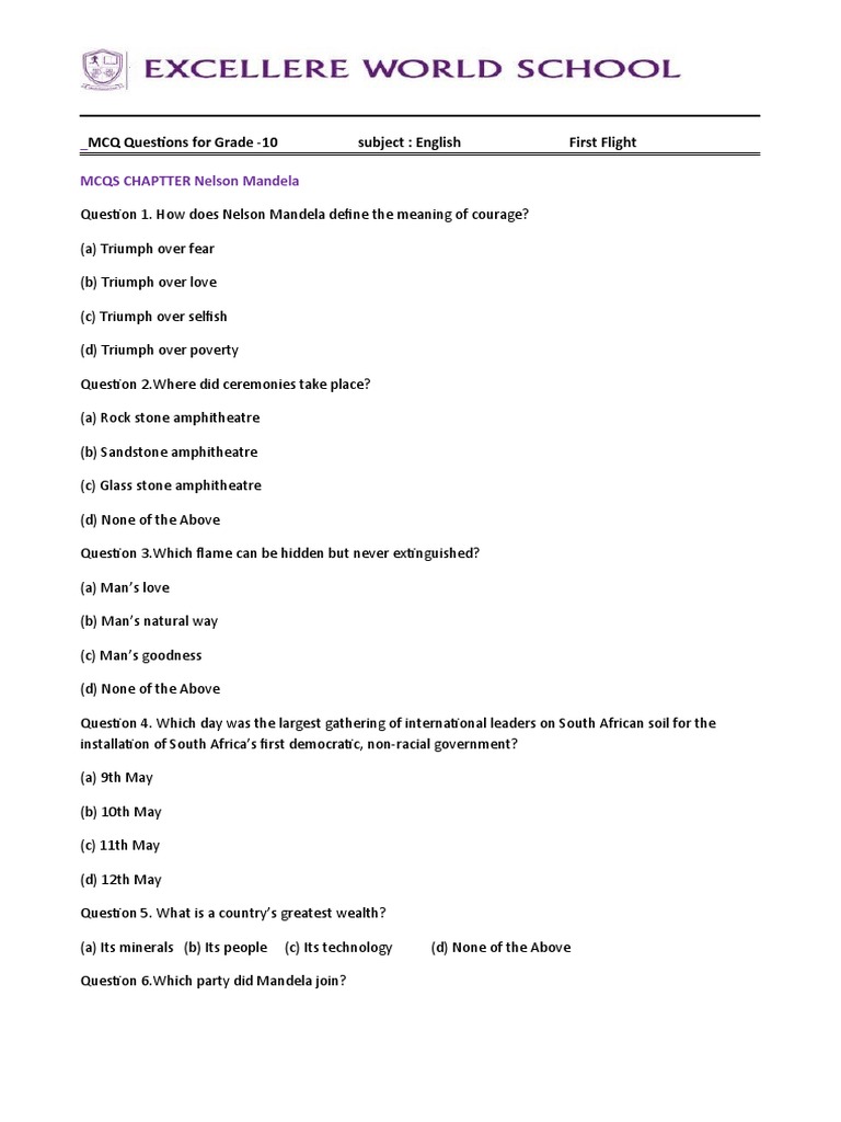 MCQ Questions For Class 10 English First Flight Chapter 2 Nelson ...
