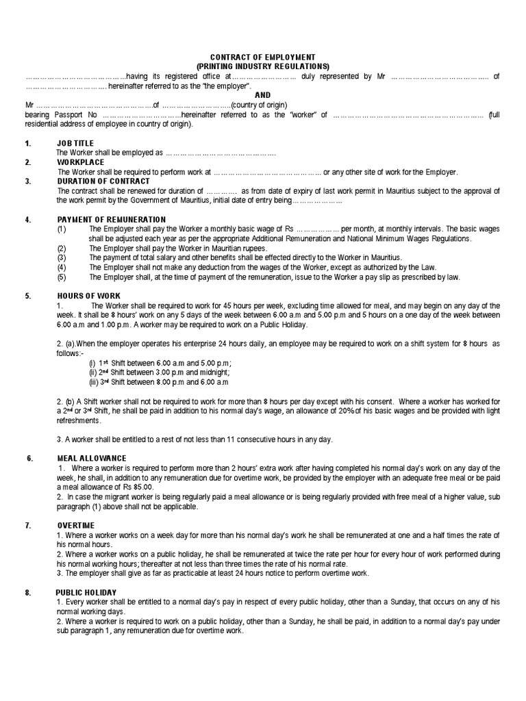 Contract Of Employment Printing Pdf Employment Sick Leave