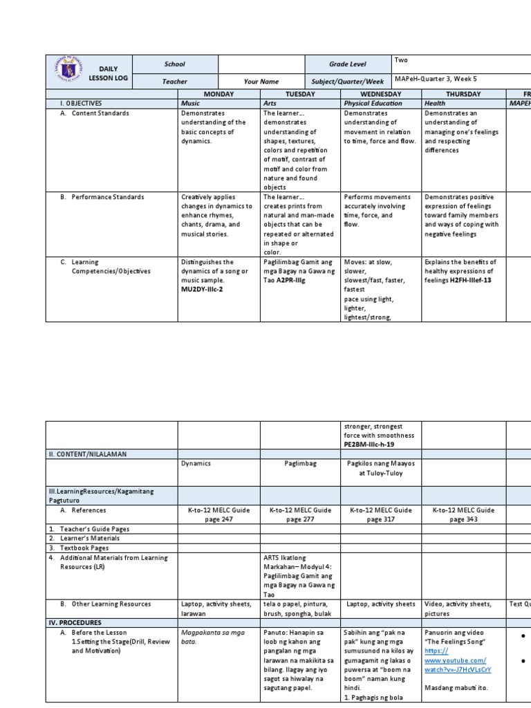 DLL MAPeH-2 Q3W5 | PDF | Cognition | Psychological Concepts