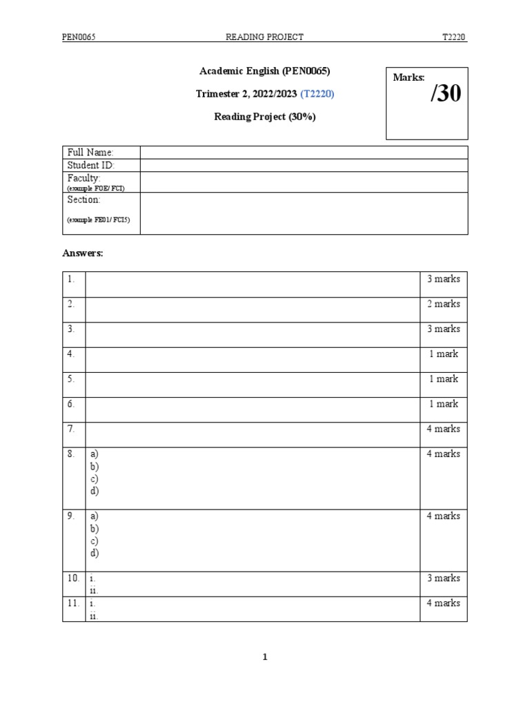 For ALL Lecturers PEN0065 T2220 READING PROJECT (Answer Template ...