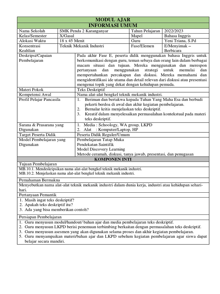 MODUL AJAR Bahasa Inggris TMI | PDF | Teknologi & Rekayasa
