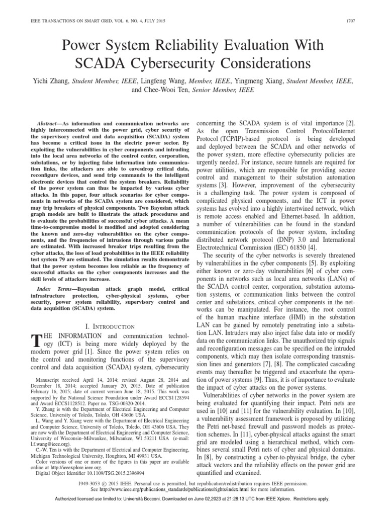 Power_System_Reliability_Evaluation_With_SCADA_Cybersecurity_Considerations | PDF | Scada | Security