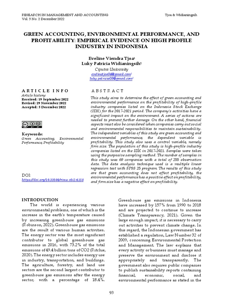 Green Accounting, Environmental Performance, and Profitability: Empirical Evidence On High ...