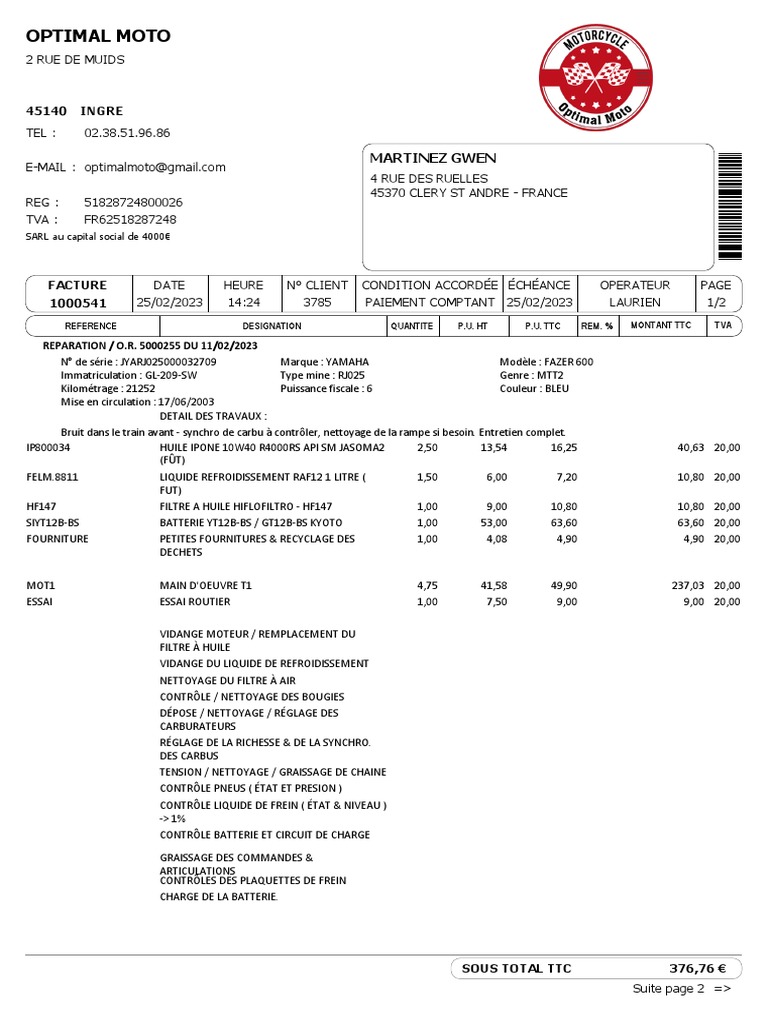 Facture Optimal Moto | PDF | Taxe sur la valeur ajoutée | Argent