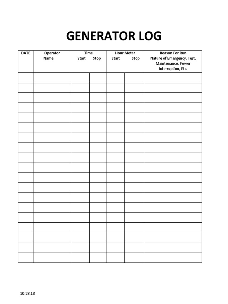 Generator Log Sheet Template-50758 | PDF | Technology & Engineering