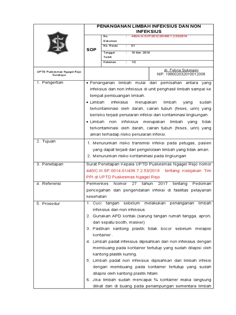 SOP Penanganan Limbah Infeksius Dan Non Infeksius | PDF