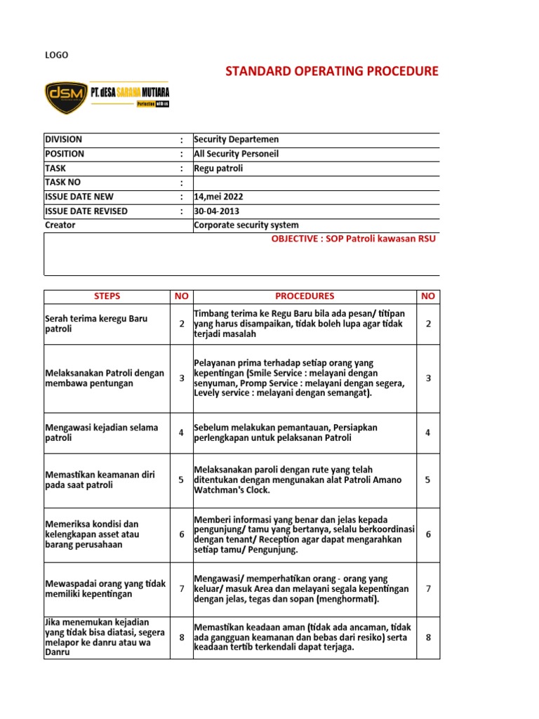 SOP Patroli Keamanan RSU | PDF