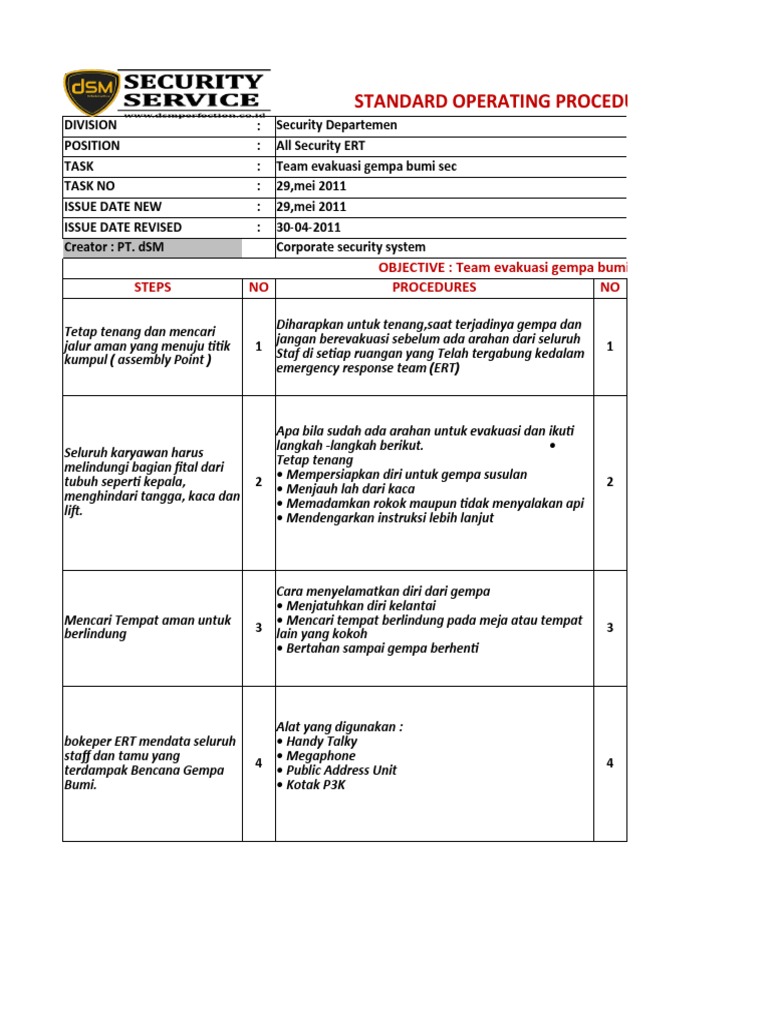 Sop Security ERT Evakuasi Gempa Bumi | PDF