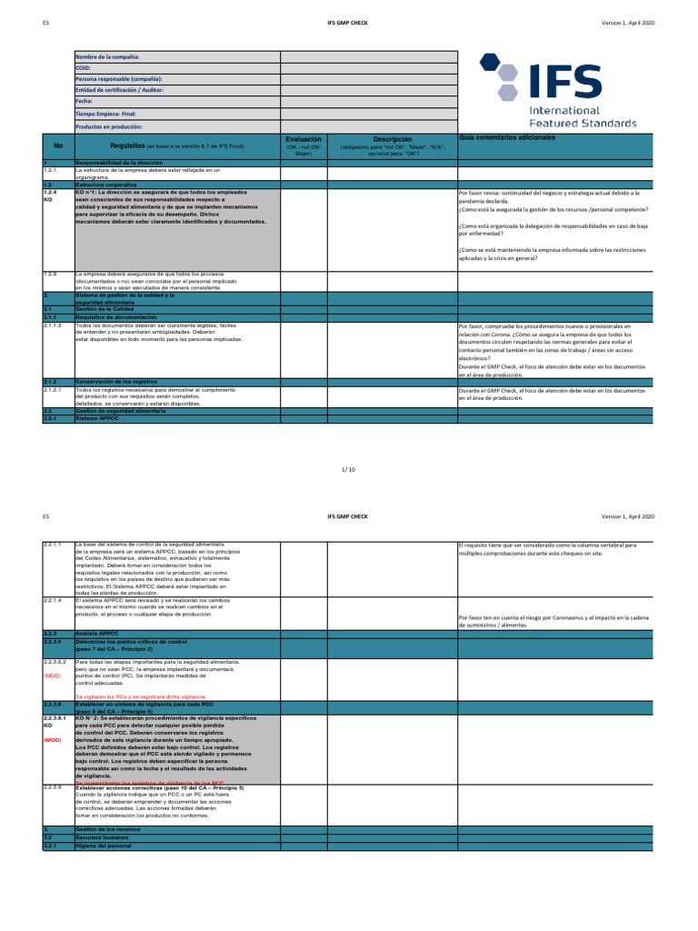 IFS GMP Checklist Food V1 ES | PDF