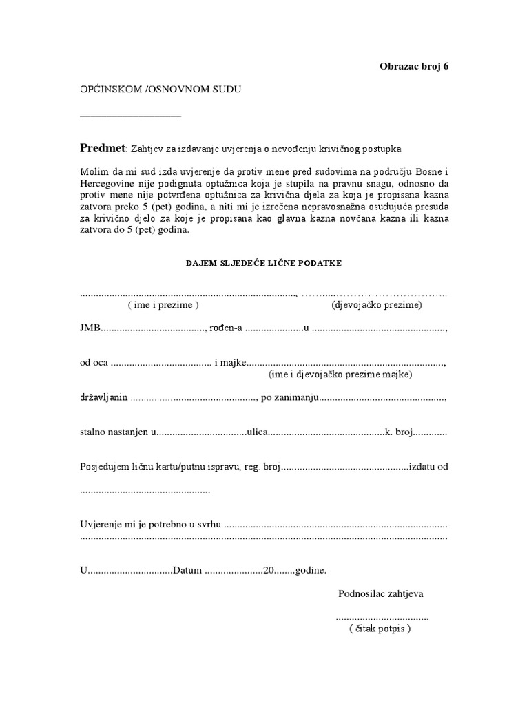 Obrazac Za Uvjerenje - Fiz (Bos) | PDF