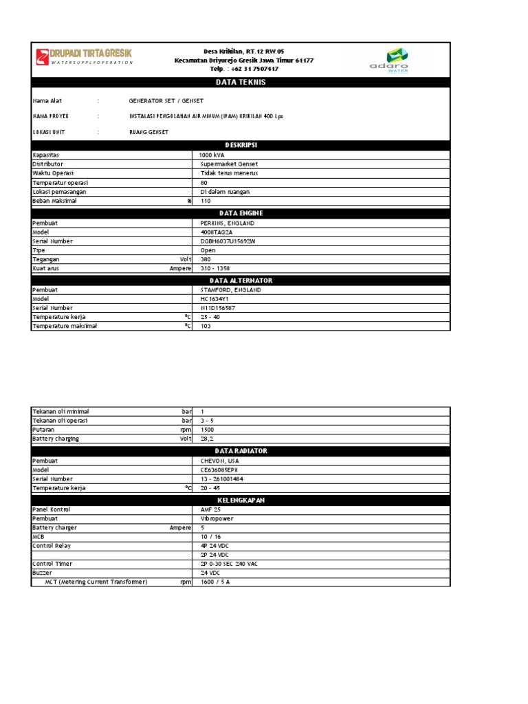 SPESIFIKASI GENSET | PDF