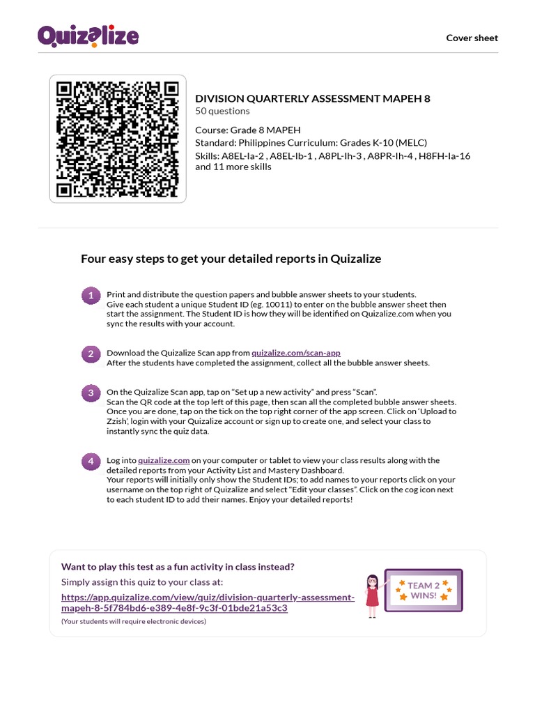 DIVISION QUARTERLY ASSESSMENT MAPEH 8 - Cover Sheet | PDF