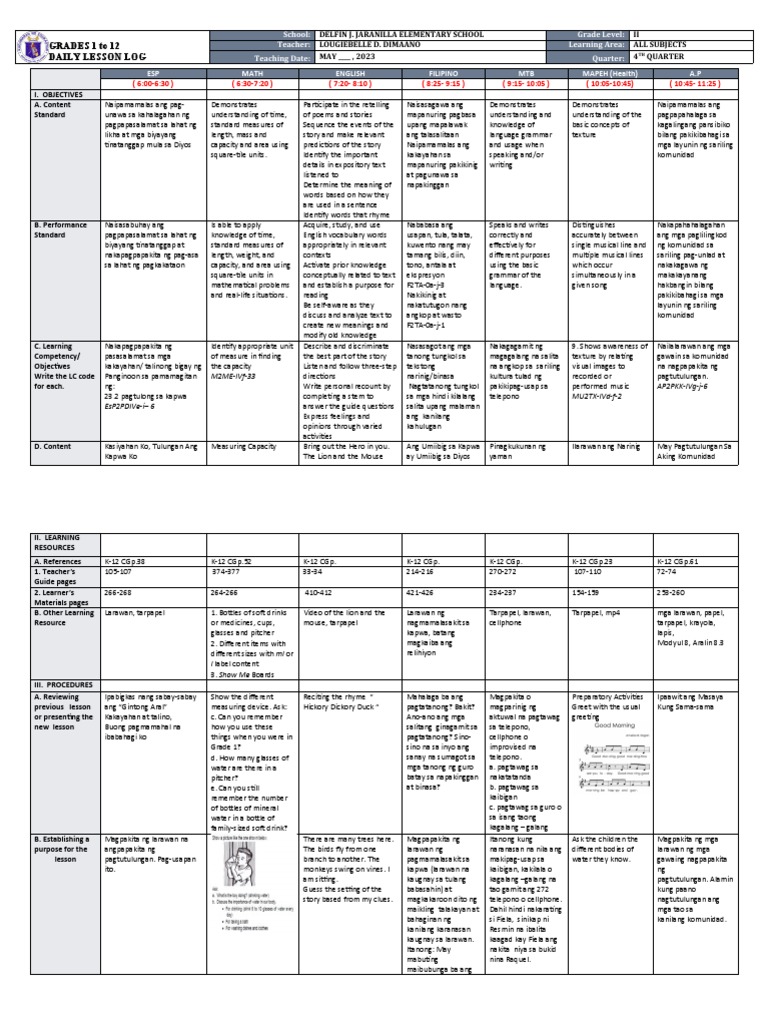 DLL - All Subjects 2 - Q4 - W5 - D1 | PDF | Cognition