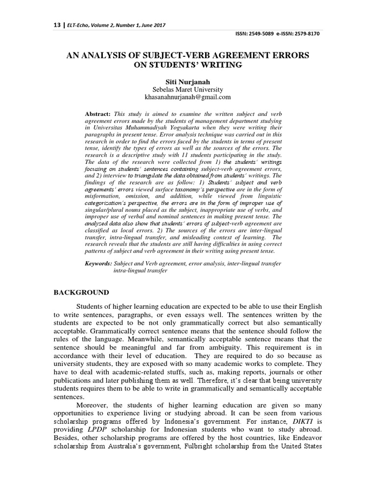 An Analysis of Subject-Verb Agreement Errors On ST | PDF