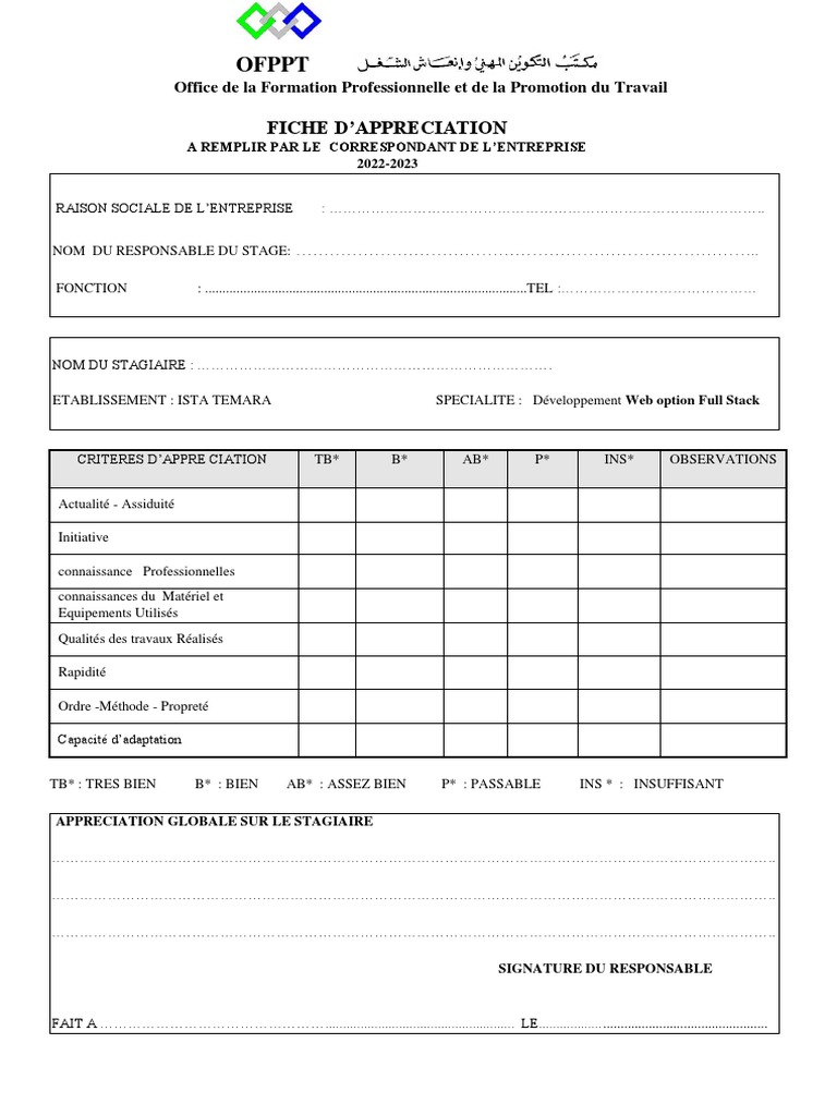 Fiche Appreciation Stage | PDF