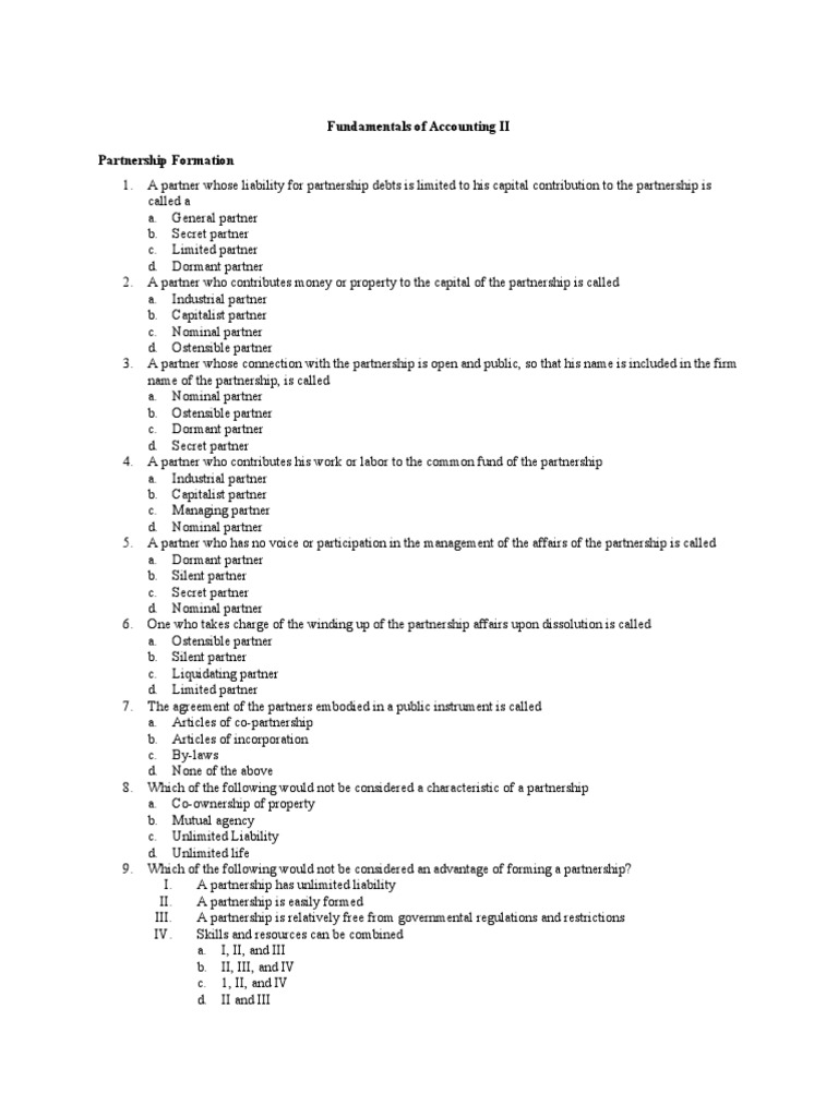 MC Questions For FOA II | PDF | Partnership | Corporations