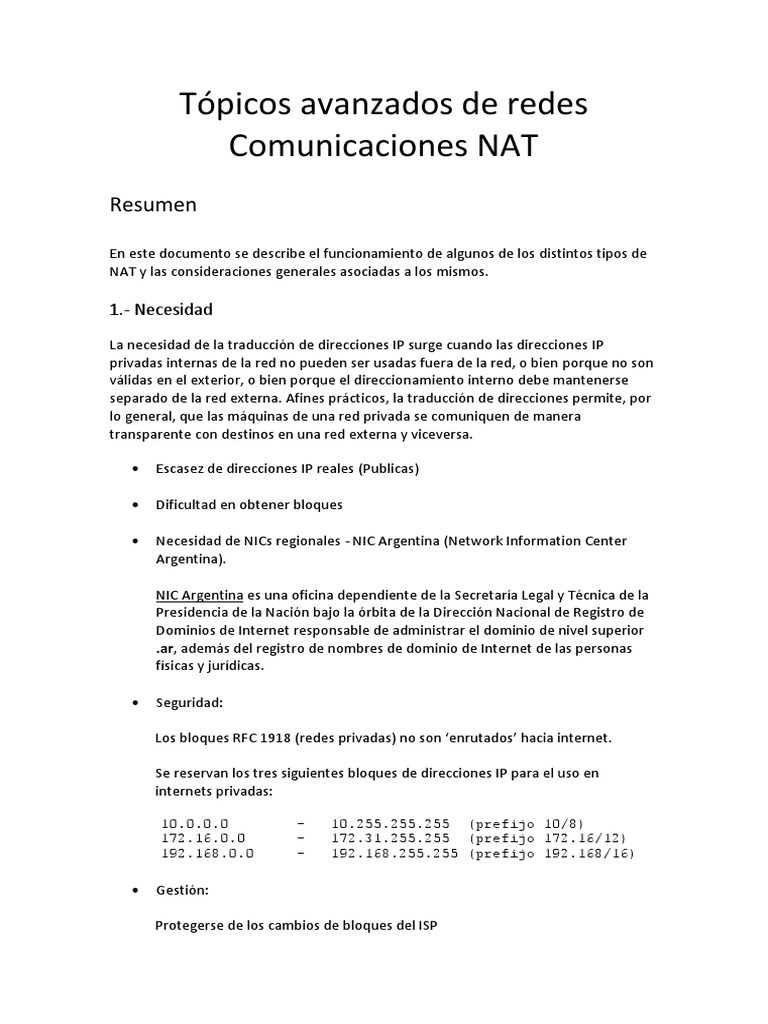 Tópicos Avanzados de Redes Comunicaciones NAT: Resumen | PDF | Red de arquitectura | Ciencias de ...