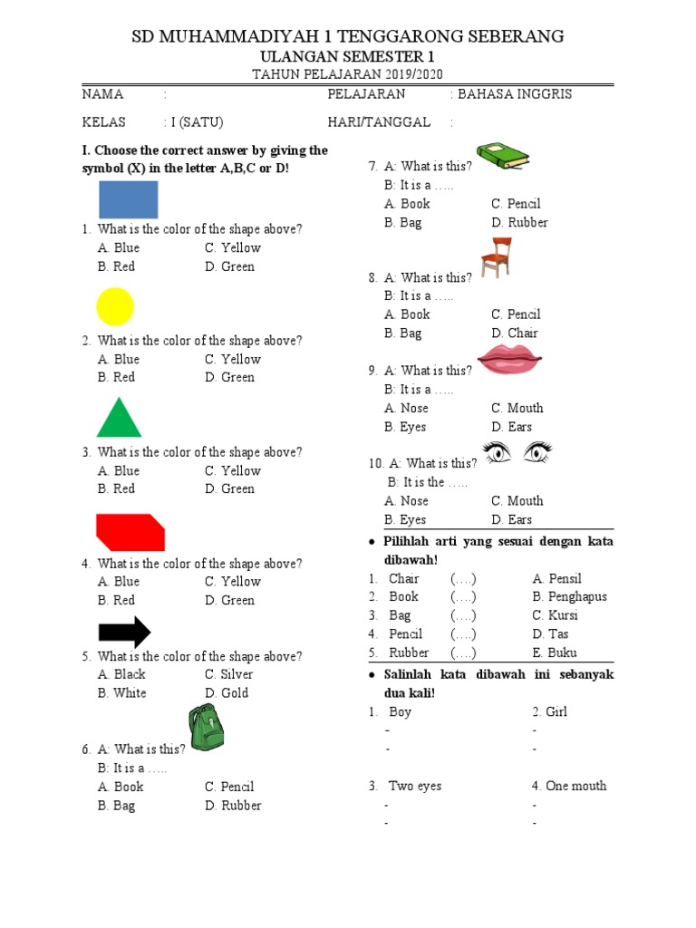 Soal Ulangan Semester 1 Kelas 1 SMT Ganjil | PDF