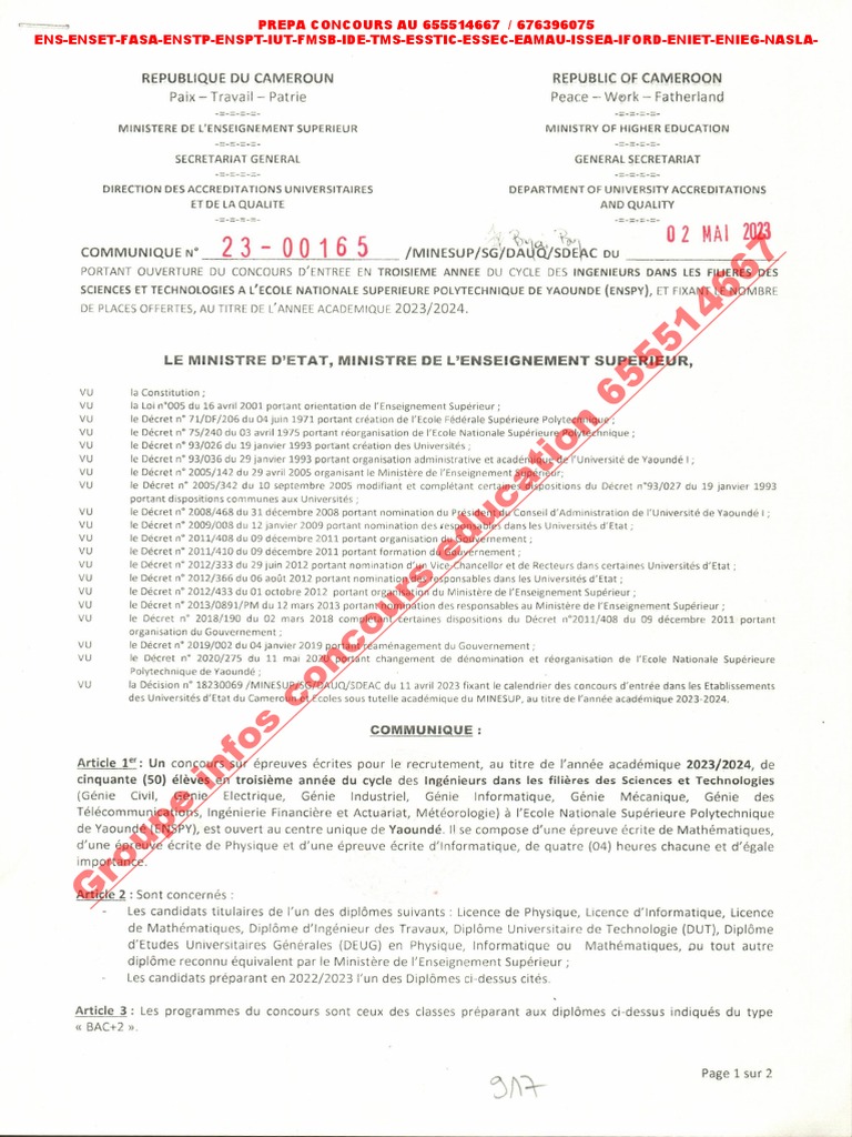 Concours Enspy 2023 Licence | PDF Concours Enspy 2023 Licence | PDF