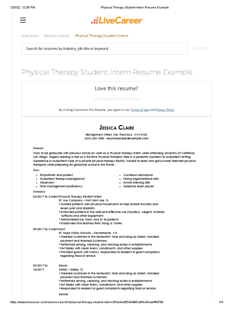 Physical Therapy Student Intern Resume Example | PDF