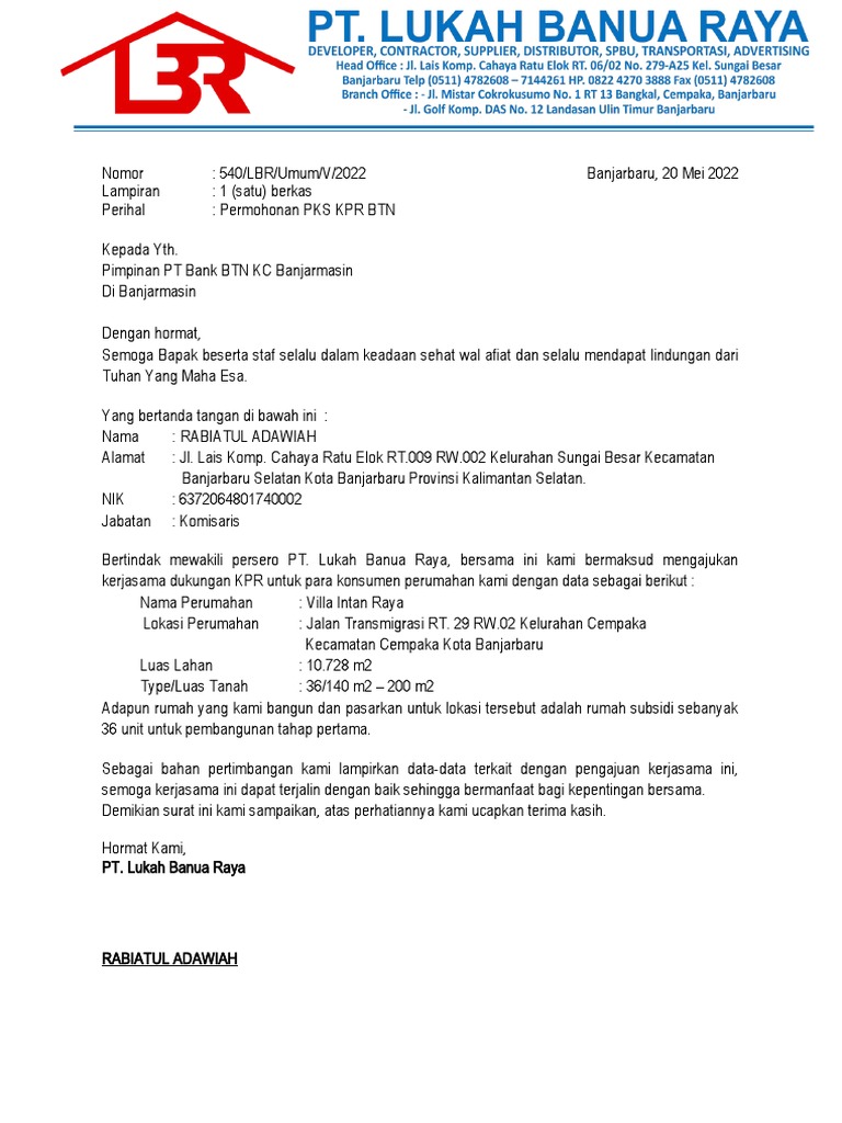 Surat Permohonan PKS BTN BJM | PDF