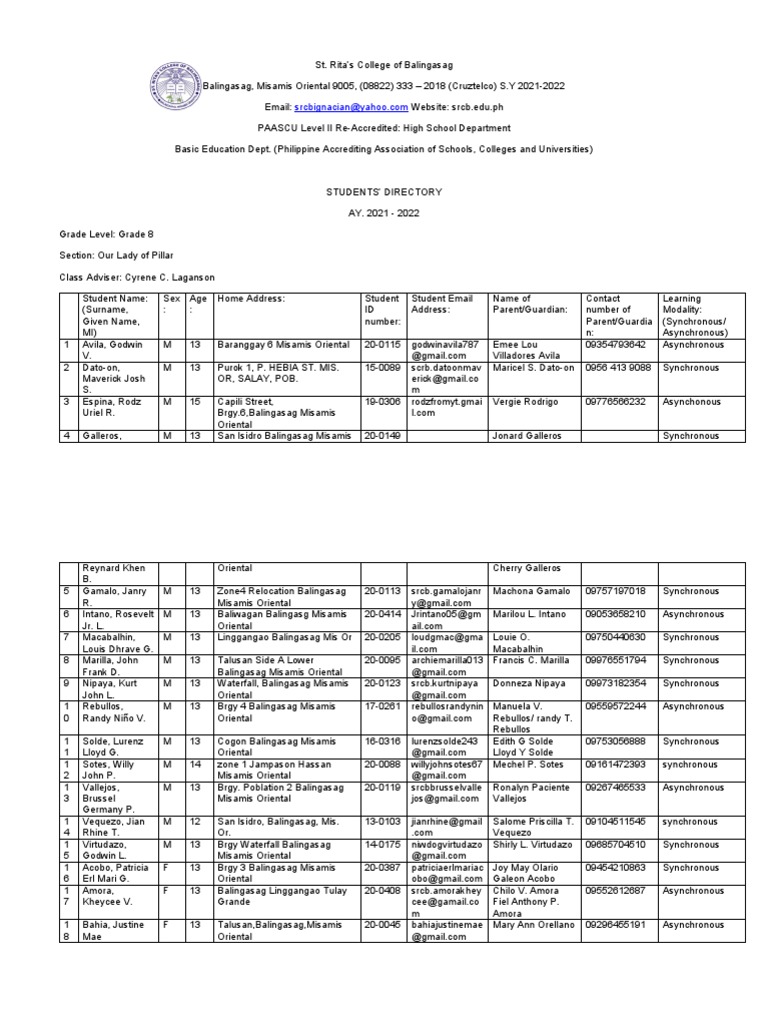 Final Student Directory GRADE 8 PILLAR | PDF | Pedagogy