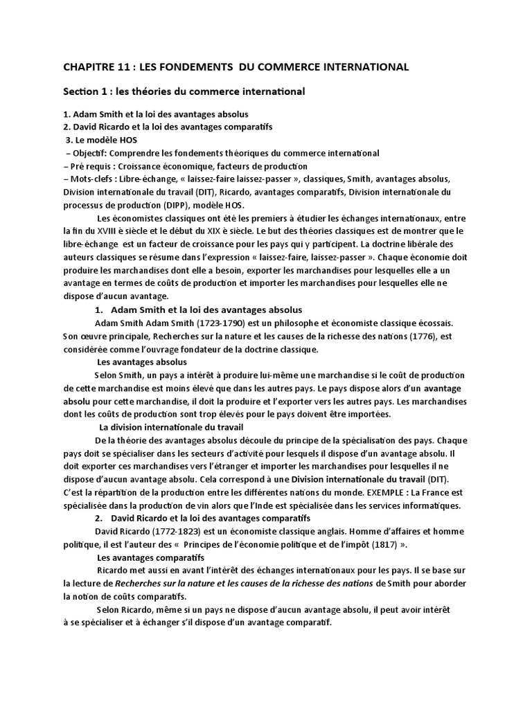 CHAPITRE 11 Les Fondements Théoriques Du Commerce International | PDF
