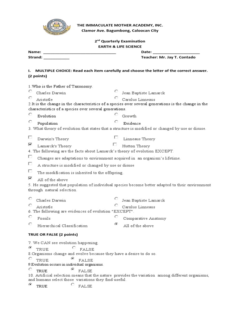 2nd Quarterly Exam ELS | PDF | Evolution | Natural Selection