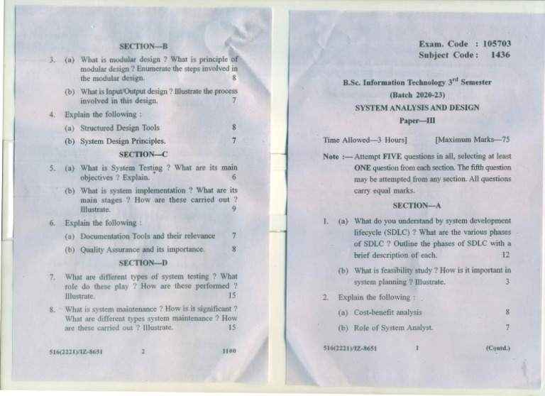 BSC IT SAD GNDU 2021 Semester III Examination | PDF