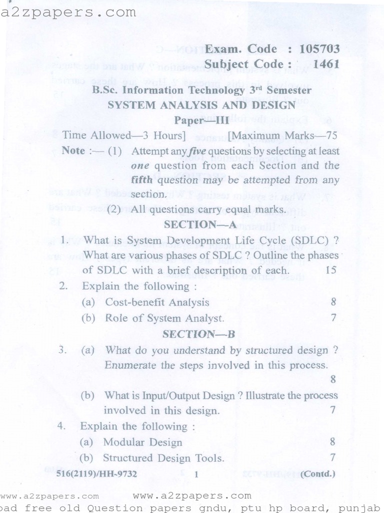 BSC IT SAD GNDU 2019 Semester III Examination | PDF | Systems Theory | Information Technology ...