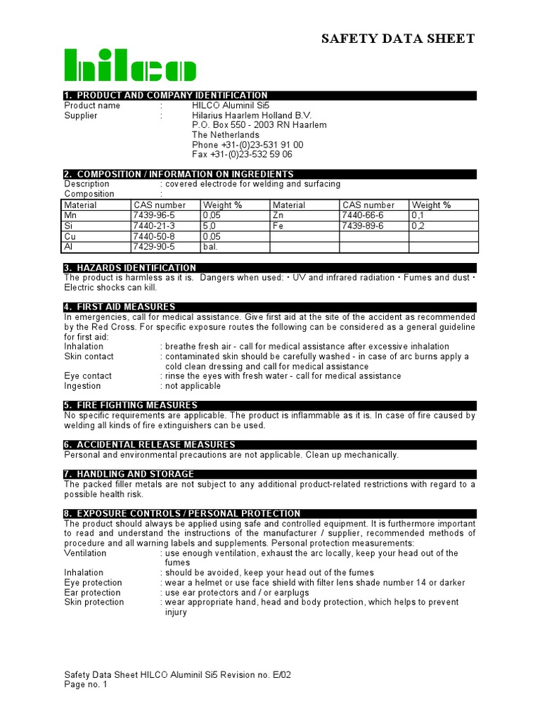HILCO E4043 ALUMINIL Si5 Welding Electrode - Safety Data Sheet | PDF