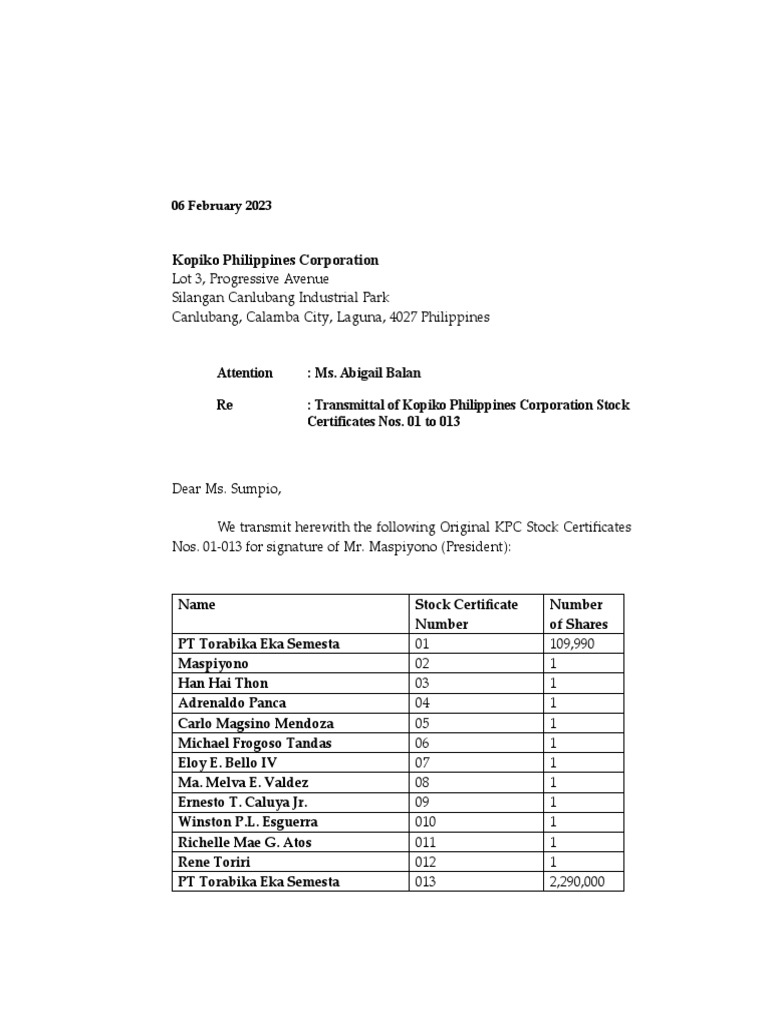 Transmittal letter re KPC Stock Certificate | PDF