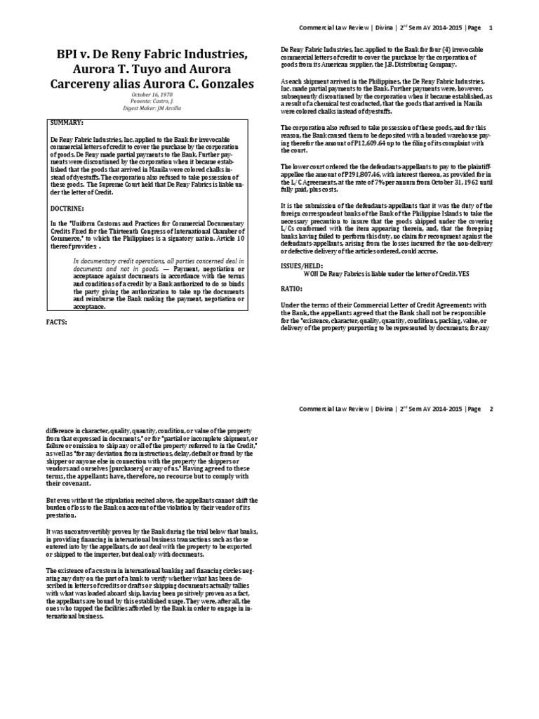 001 BPI V de Reny | PDF | Letter Of Credit | Justice