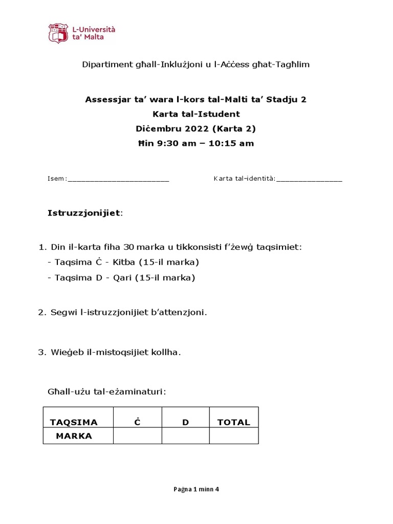 Karta Tal-Istudent - Kitba U Qari | PDF