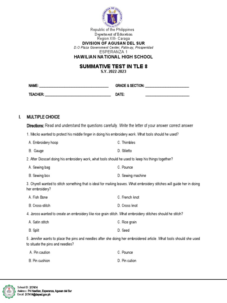 Tle 8 4th Quarter Exam | PDF | Embroidery | Crafts