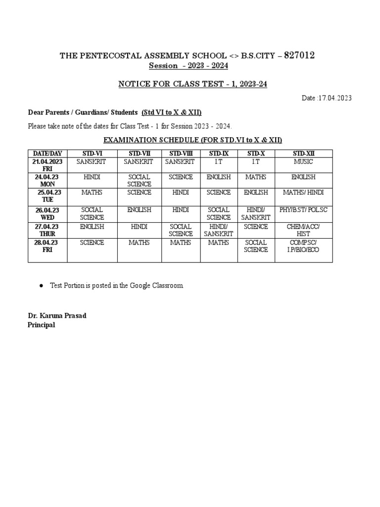 Class Test Schedule 2023-24 | PDF