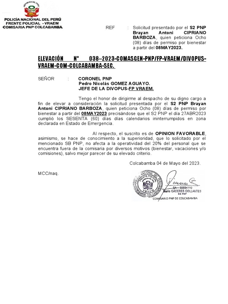 ELEVACION N°038 SOLICITA PERMISO POR BIENESTAR DEL S2 PNP CIPRIANO BARBOZA Brayan Antoni | PDF ...